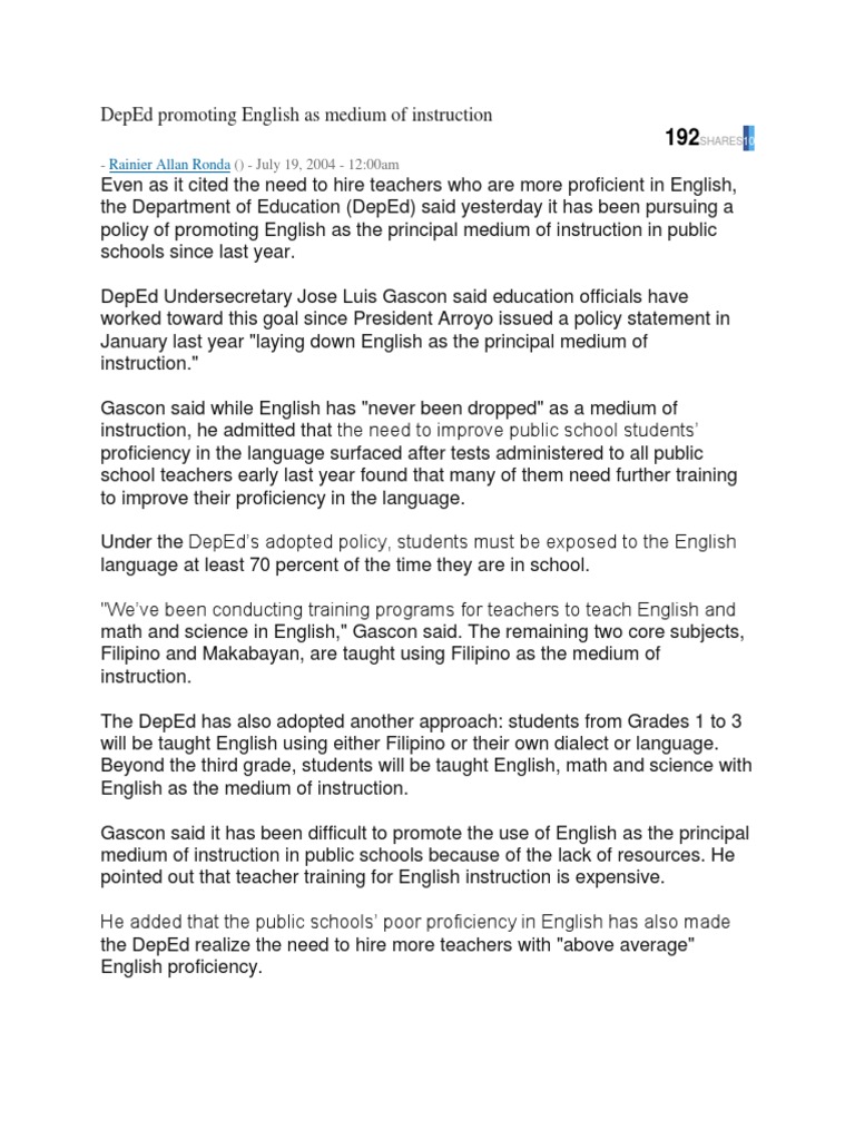Promoting English Proficiency: The DepEd's Policy to Strengthen the Use ...