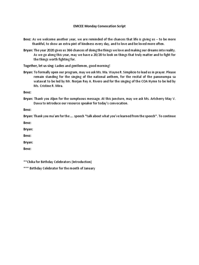 EMCEE Convocation Script | PDF