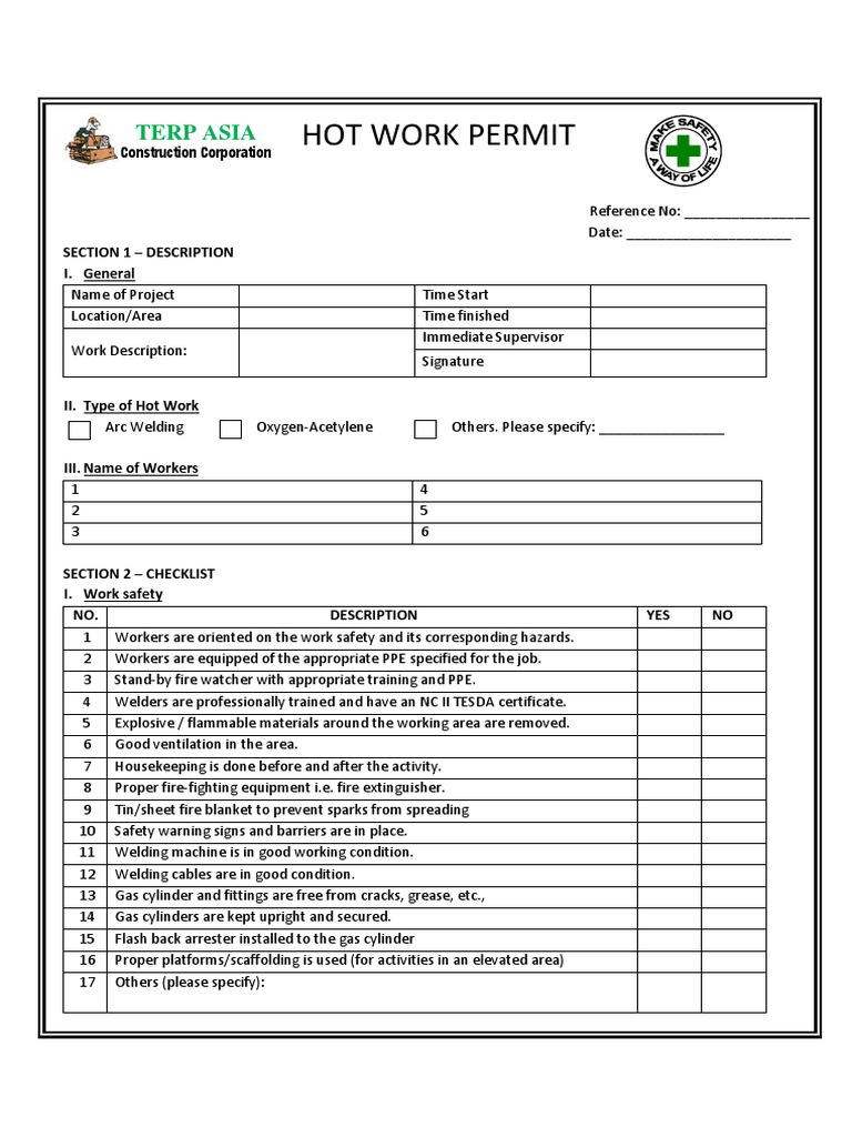Eagleye - TACC Marina - Hot Work Permit (Revised) | PDF | Welding ...