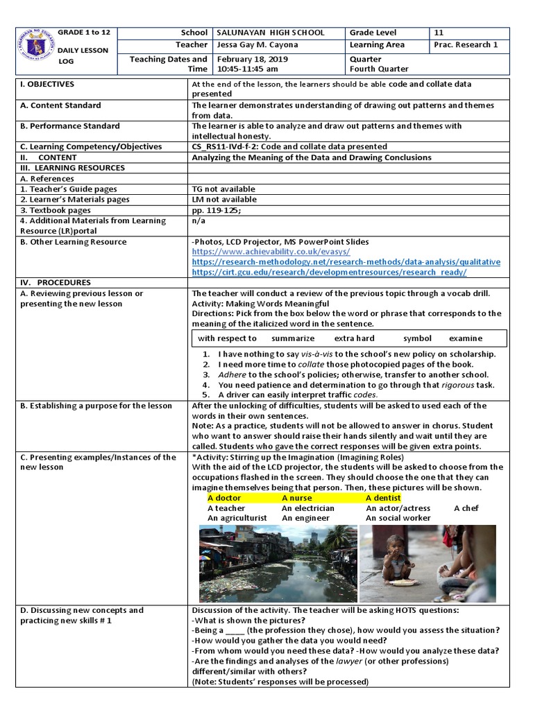 Grade 11 Practical Research Lesson Plan | PDF | Data Analysis | Teachers