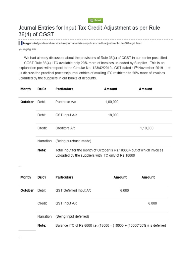 Journal Entries For Input Tax Credit Adjustment As Per Rule 36 | PDF ...