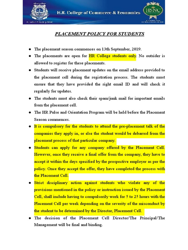 Placement Policy For Students 2019-20 PDF | PDF | Email Spam | Employment
