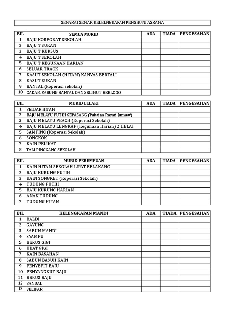 Senarai Semak Keperluan Asrama 20192 | PDF