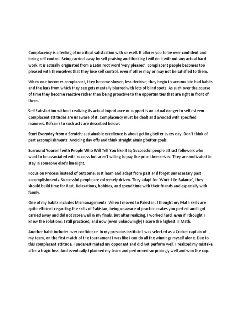 Complacency Is A Feeling of Uncritical Satisfaction With Oneself | PDF ...
