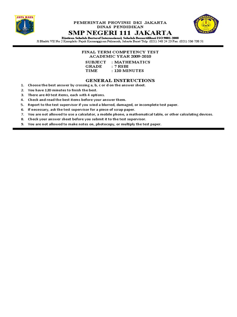 SMP Negeri 111 Jakarta: General Instructions | PDF | Length ...