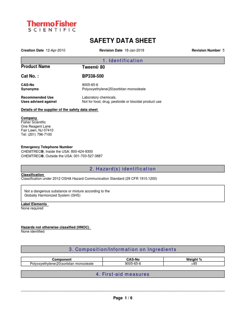 Tween 80 SDS | PDF | Personal Protective Equipment | Safety