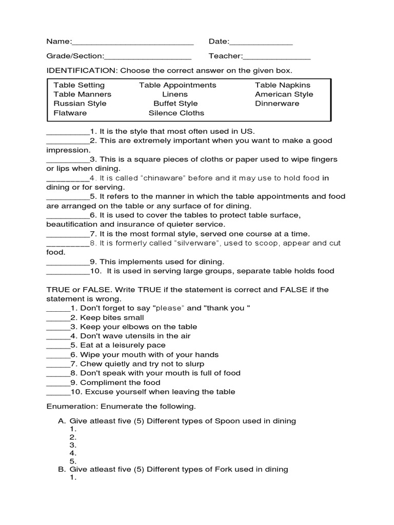 Exam Grade 910 | PDF | Tableware | Domestic Life