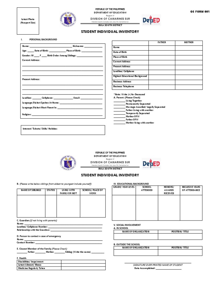 STUDENT INDIVIDUAL INVENTORY Blank Form | Download Free PDF | Social ...