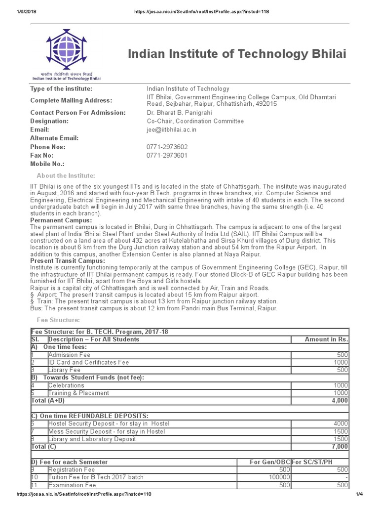 IIT Bhilai Fee Structure | PDF | Engineering | Science