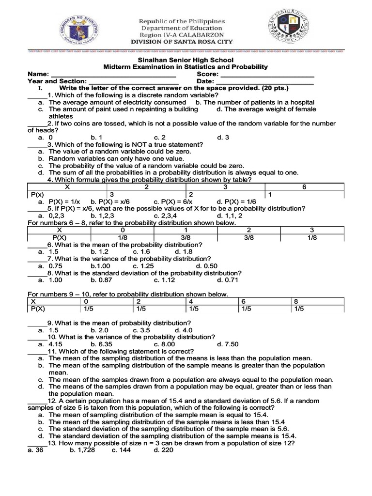 Midterm Exam in Statistics and Probability Grade 11 | Download Free PDF | Variance | Standard ...
