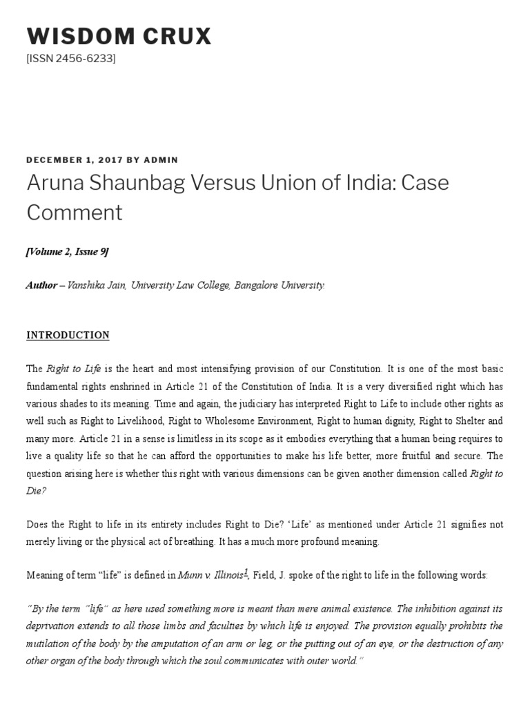 Aruna Shaunbag Case: Euthanasia Analysis | PDF | Government | Applied ...