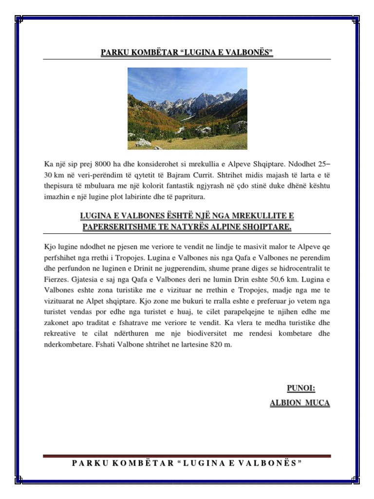 Parku Kombëtar "Lugina e Valbonës" Gjuhe Shqipe Albi 2019 | PDF