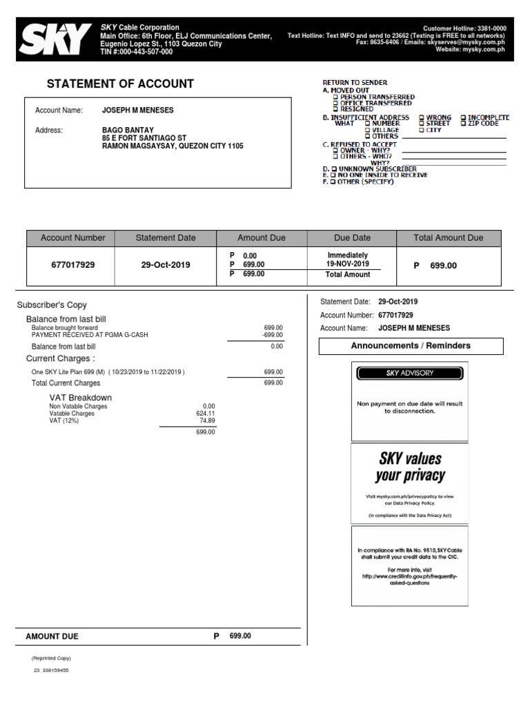 SKY Cable Billing Statement Overview | PDF | Cheque | Payments