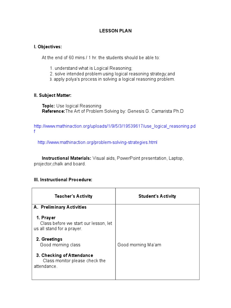 Lesson Plan in Problem Solving | PDF | Lesson Plan | Reason