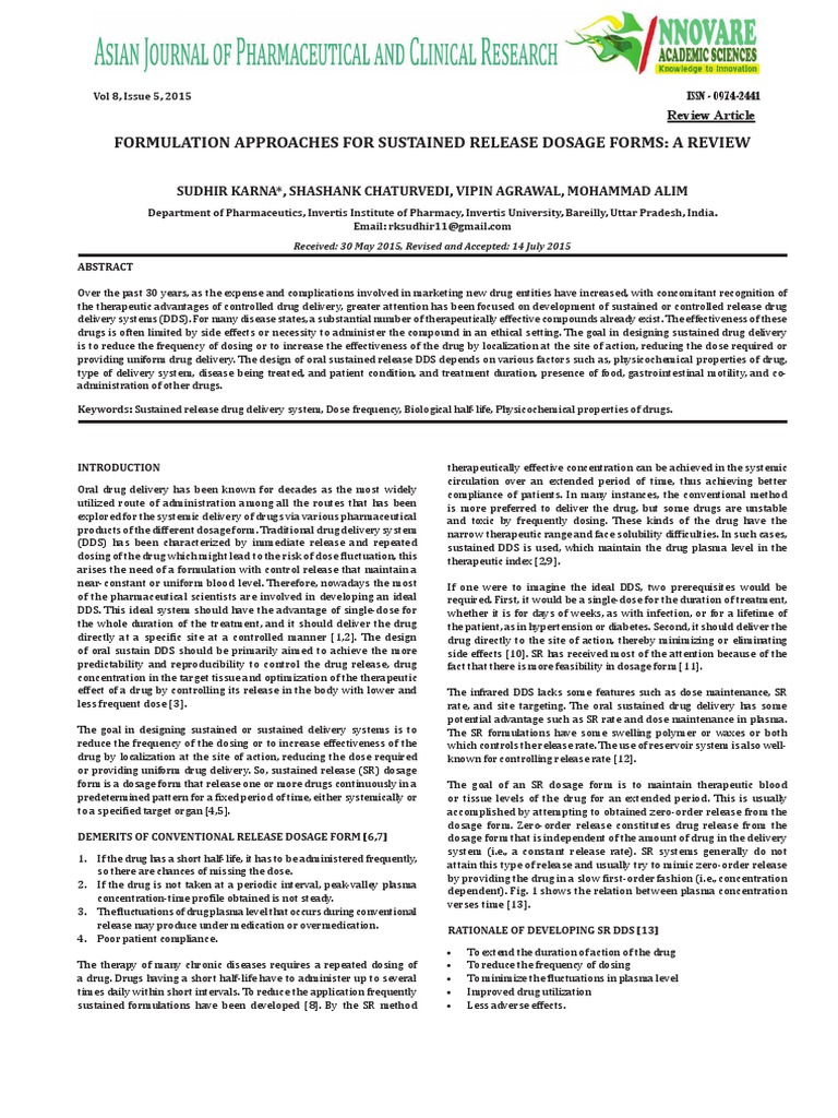 Sustained Release Drug Delivery System | PDF | Dose (Biochemistry) | Chemistry