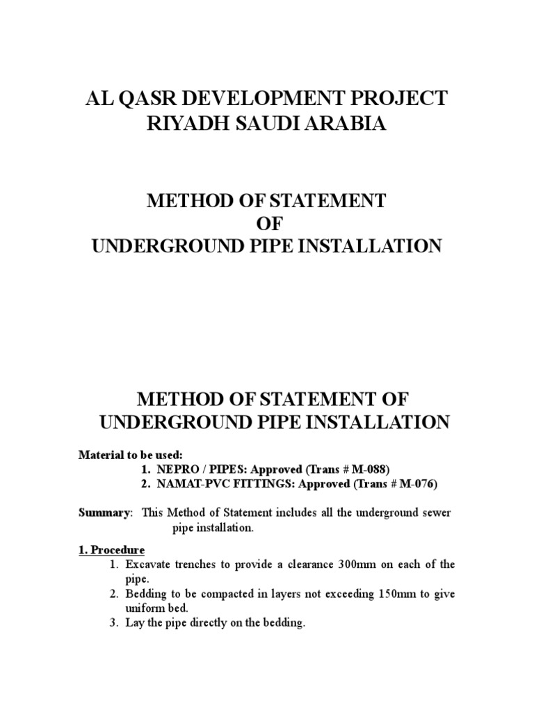 Mos Under Ground Pipe Installation | PDF