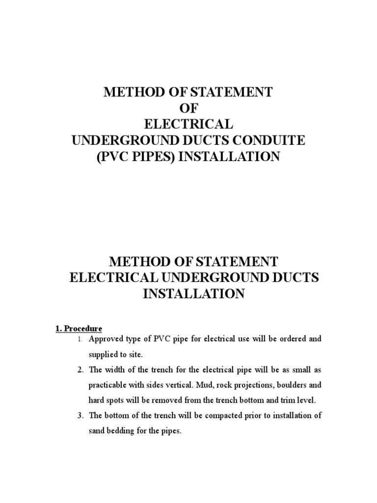 MOS For Electrical UG Ducts (PVC Pipes) Installation | PDF