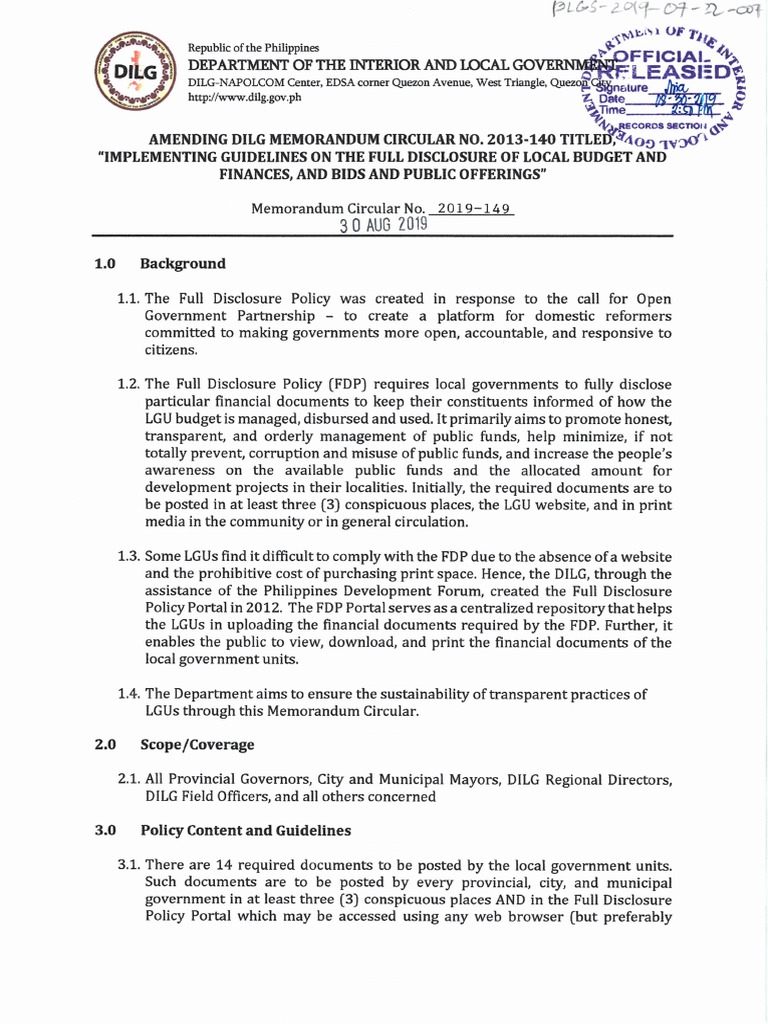 DILG MC 2019-149 Full Disclosure Policy