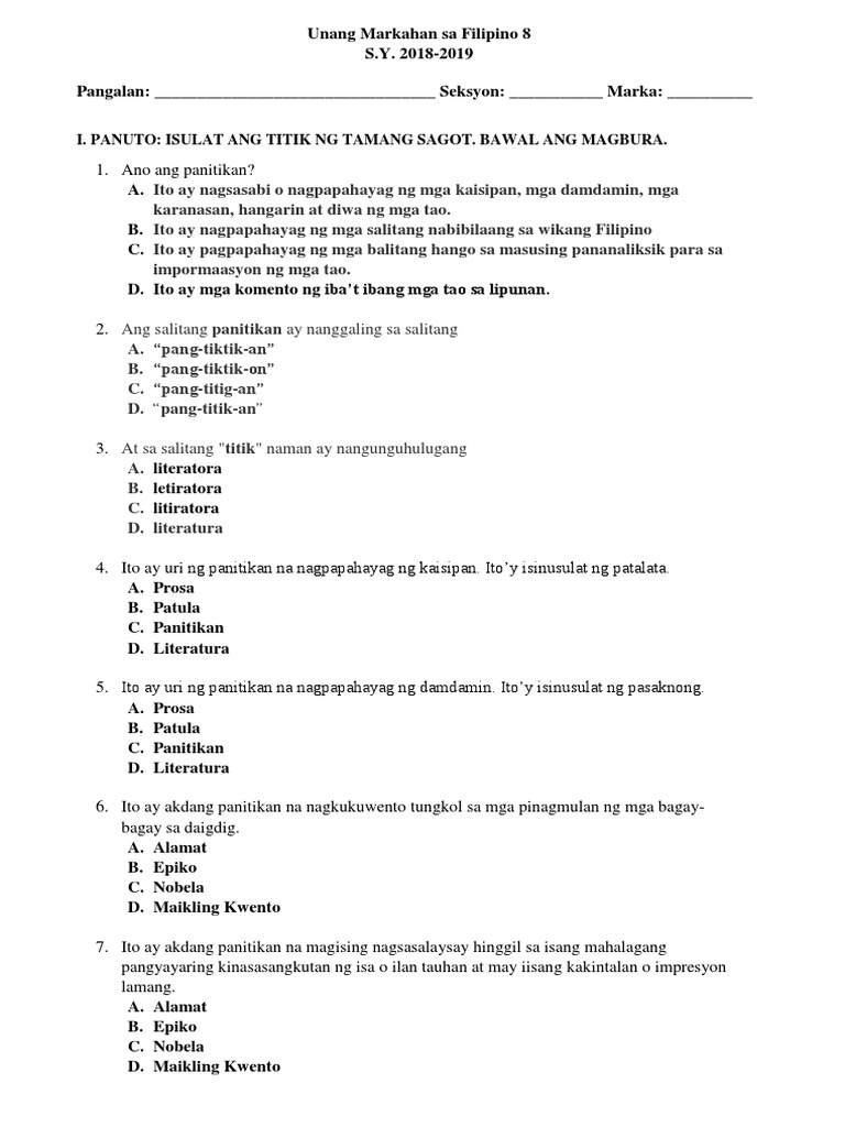 1ST Grading Periodical Examination Filipino | PDF