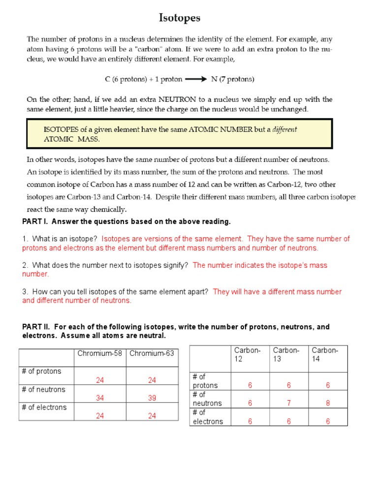 Isotopes Worksheet Answer Key | PDF | Isotope | Proton