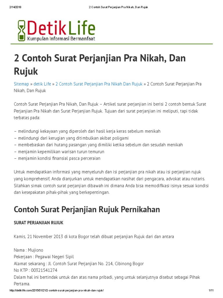 2 Contoh Surat Perjanjian Pra Nikah Dan Rujuk | PDF