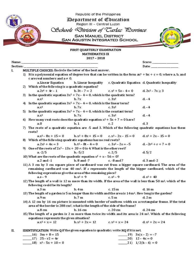 First Quarterly Examination Math 9 | PDF | Quadratic Equation ...