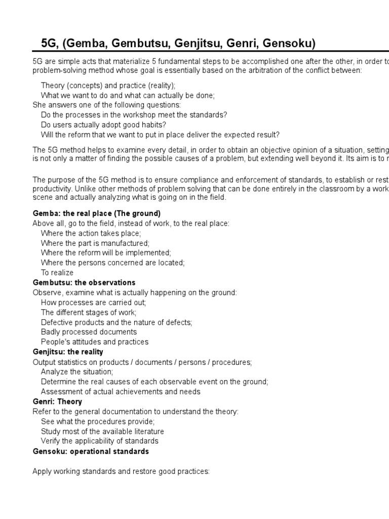 5G, (Gemba, Gembutsu, Genjitsu, Genri, Gensoku) Chekclist | PDF | Business | Computers