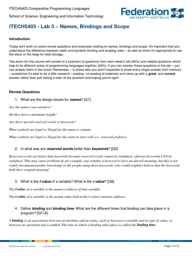 Lab 03 - Names, Bindings and Scopes (Answers) PDF | PDF | Variable (Computer Science) | Scope ...