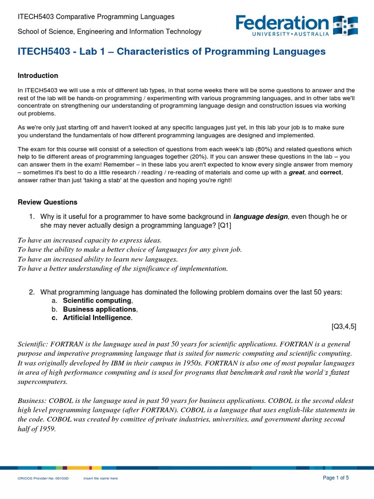 Lab 01 - Characteristics of Programming Languages (Answers) PDF | PDF ...