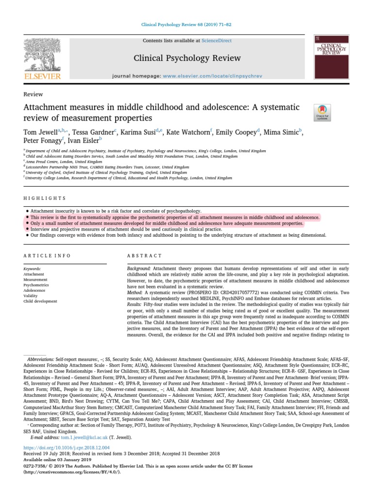 Attachment Measures in Middle Childhood and Adolescence A Systematic ...