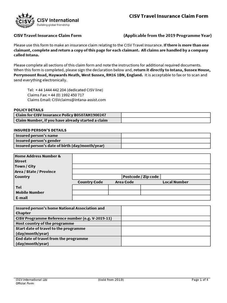 CISV Travel Insurance Claim Form 2019 | PDF | Information Privacy | Receipt