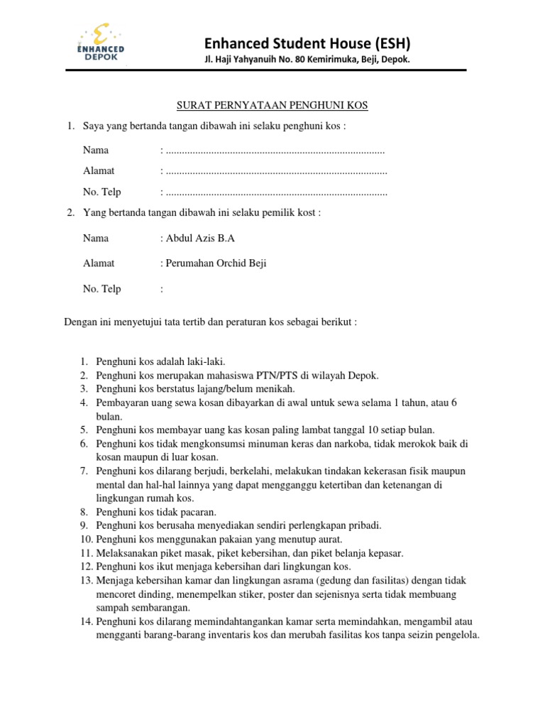 Tata Tertib Penghuni Kos Enchanced Student House | PDF