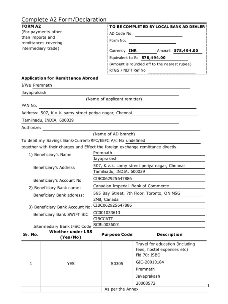 INR A2 Form - GIC-20010184 | Download Free PDF | Remittance | Foreign ...