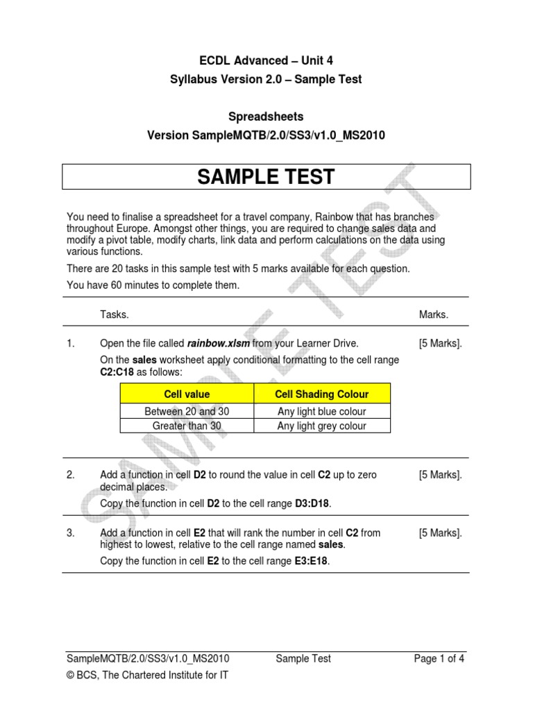 AM4 Sample Test | PDF | Spreadsheet | Data Management