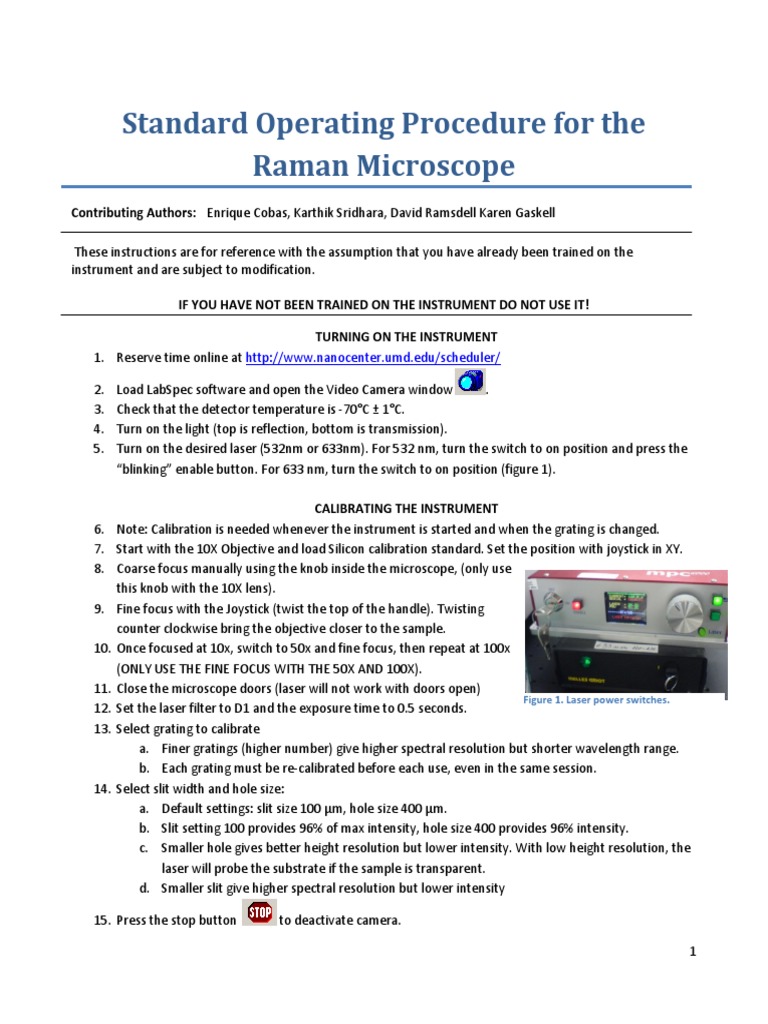 Standard Operating Procedure For The Raman Microscope Instructions For