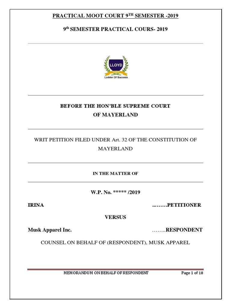 Respondent Memorial Moot Problem 1 | PDF | Standing (Law) | Writ