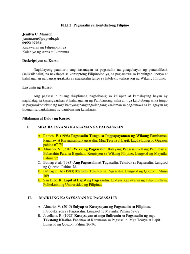 FILI 2 Pagsasalin Syllabus Edited | PDF