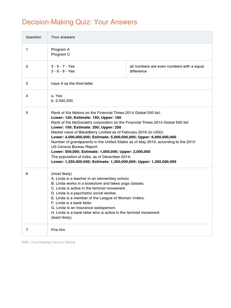 Decision-Making Quiz - Answers PDF | PDF