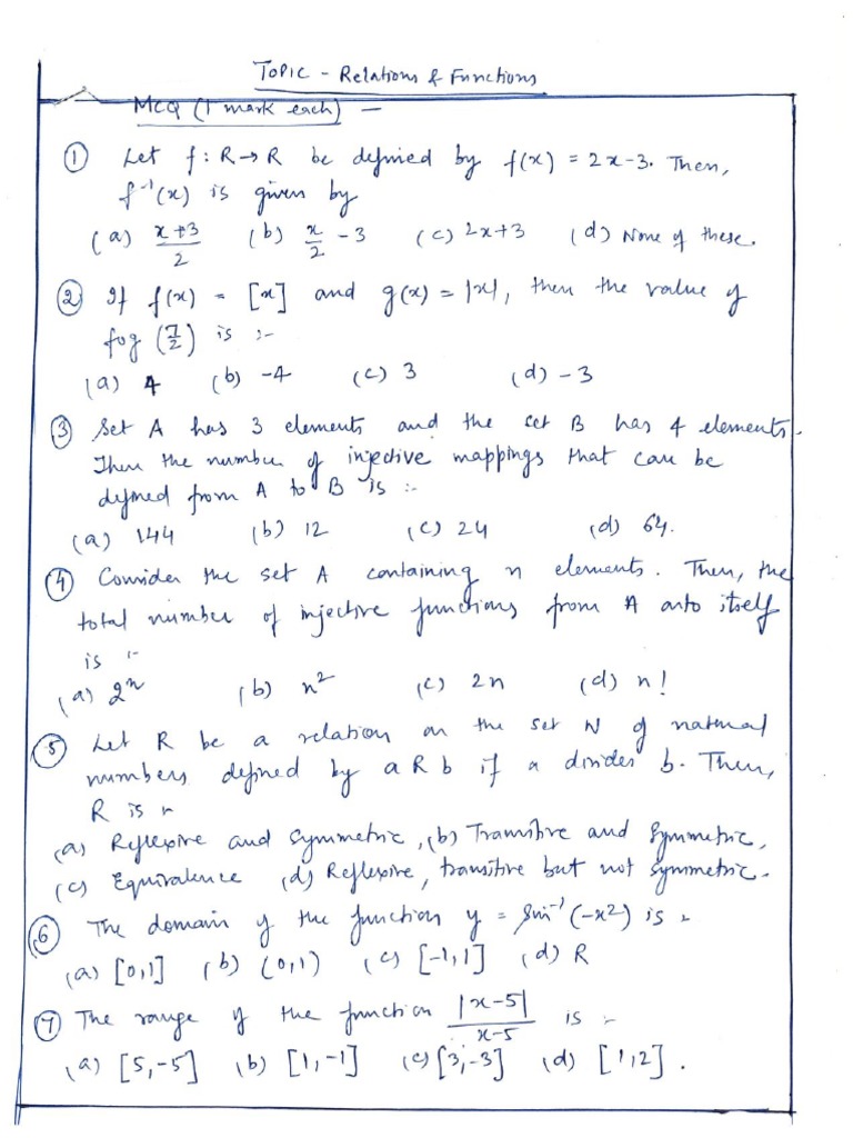 Relations And Functions Mcq 1 Pdf 