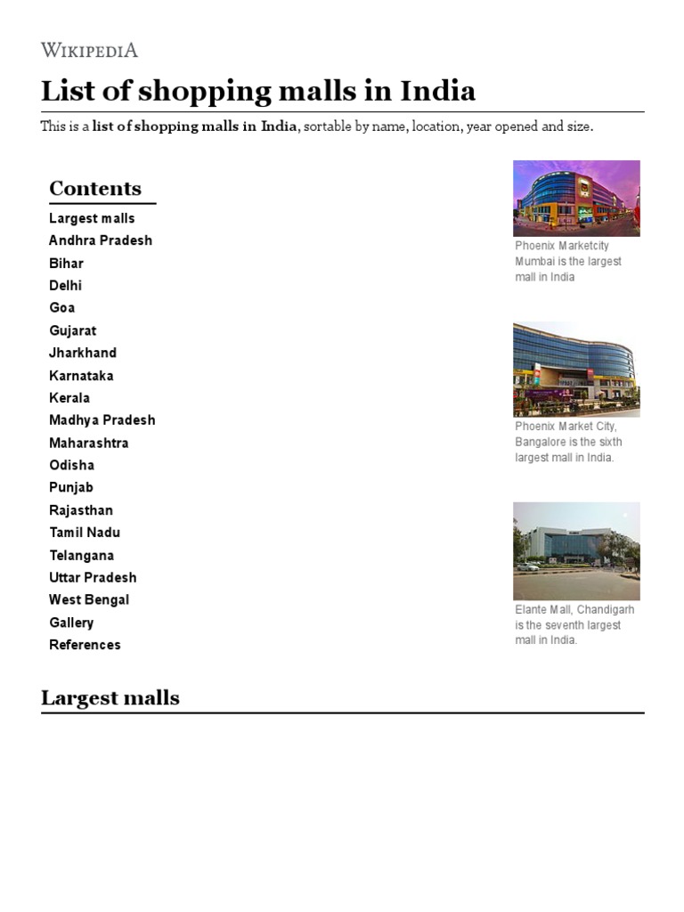 List of Shopping Malls in India - Wikipedia | PDF | Shopping Mall | Kolkata