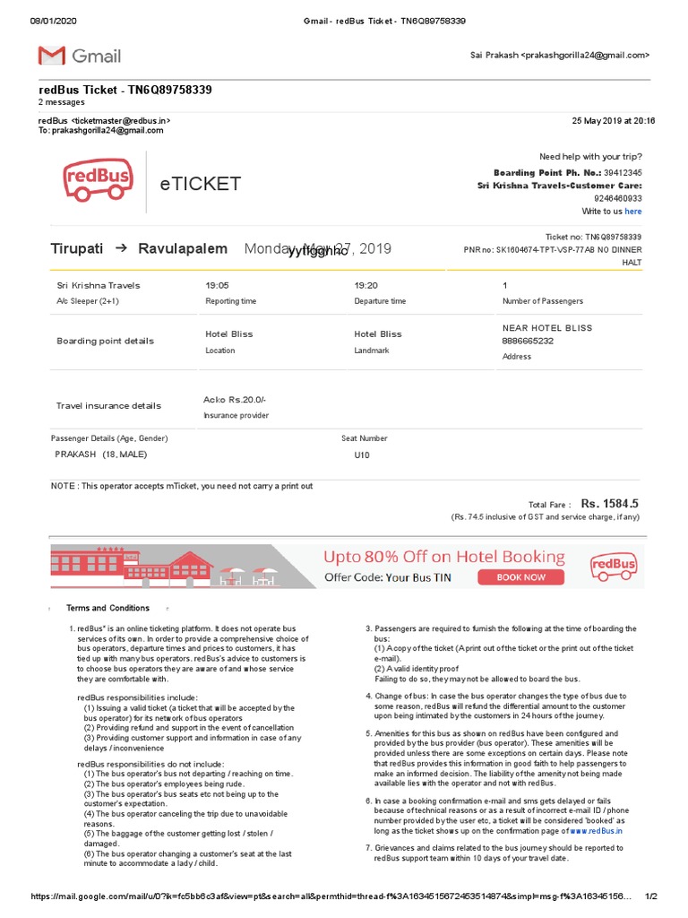 Gmail - Redbus Ticket - TN6Q89758336 PDF | PDF | Ticket (Admission) | Bus