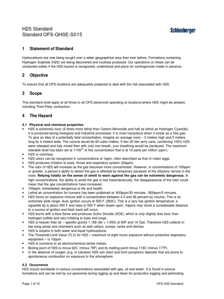 Schlumberger H2s Standard Pdf Pdf Combustion Gases