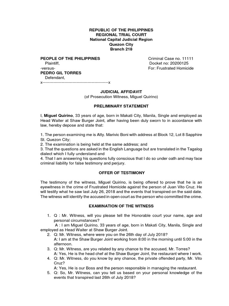 Judicial Affidavit For Branch 218 | PDF | Perjury | Witness