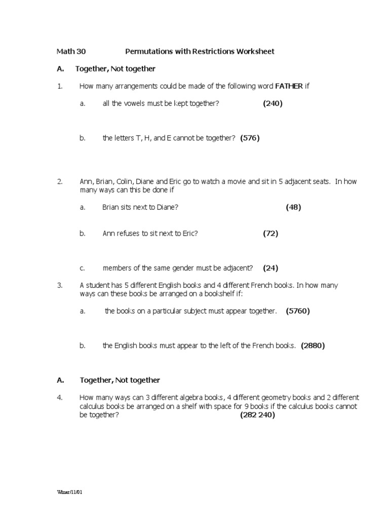 Permutations with Restrictions Worksheet | PDF | Algebra | Linguistics