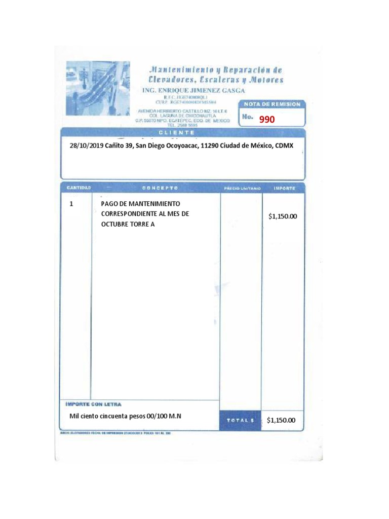 Nota de Pago Mantenimiento Cañito Octubre 28 Torre A 2019 | PDF | Hogar ...