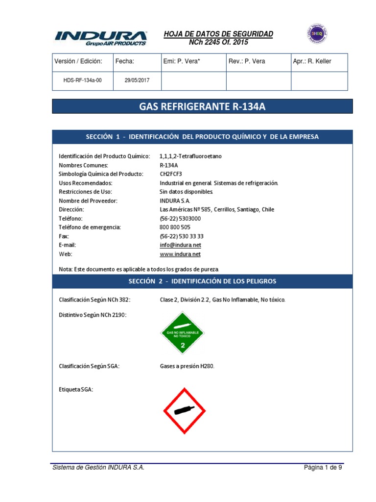 Gas Refrigerante R-134a - Tetrafluoroetano PDF | PDF | Oxígeno | Gases