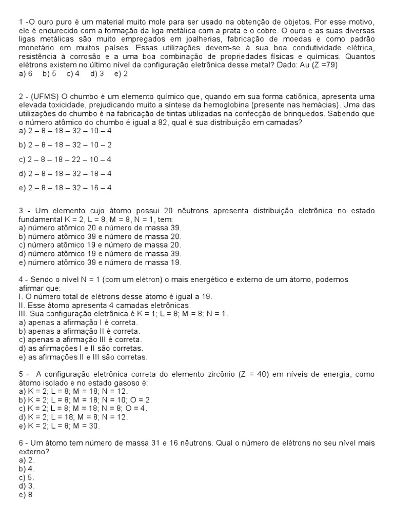 Lista Exercicios Quimica 1 Ano Odt Pdf