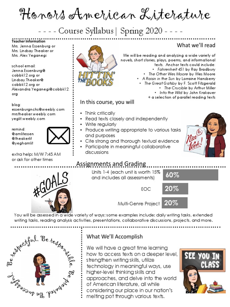 Honors American Lit Syllabus 2019-20 | PDF | Reading Comprehension ...