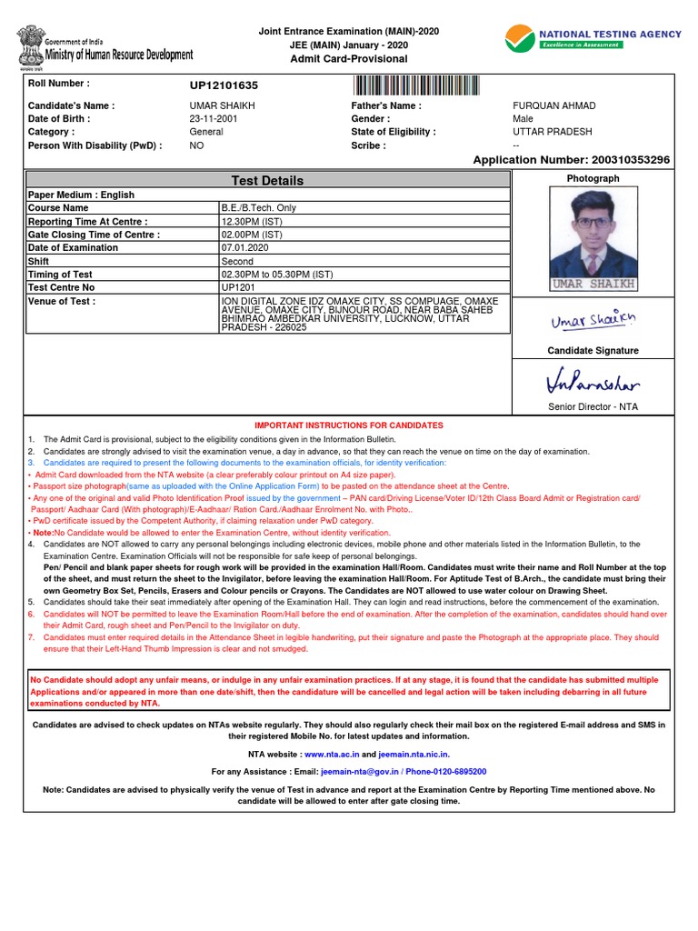 JEE Main 2020 Admit Card Details | PDF | Identity Document | Government ...