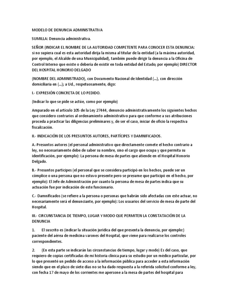 Modelo de Denuncia Administrativa Perú | PDF | Gobierno de españa | Gobierno